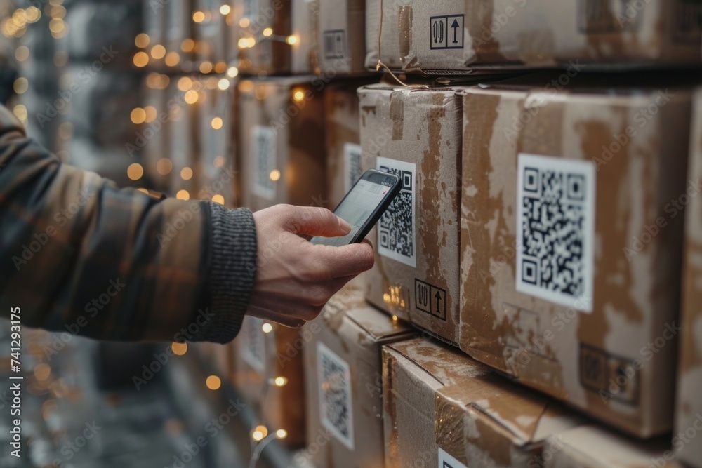 A person is using a smartphone to scan the QR code on a parcel in a ...