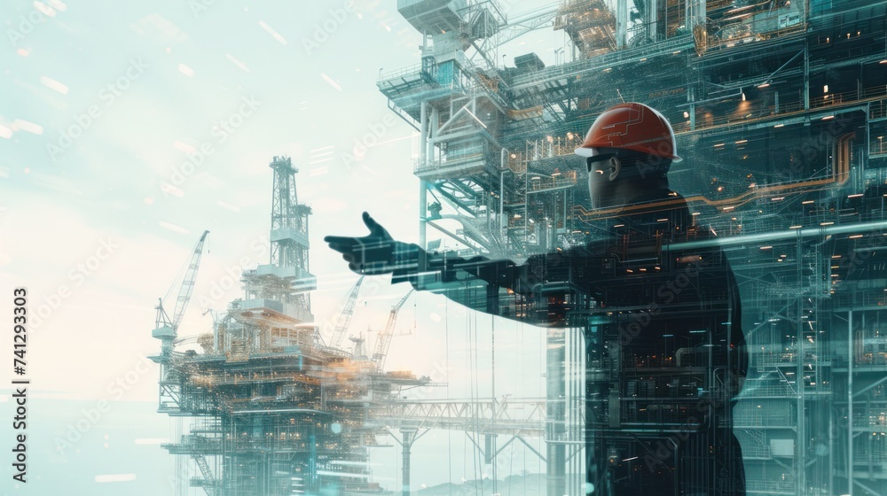 Commanding figure of an engineer, gesturing towards high-tech HUD ...