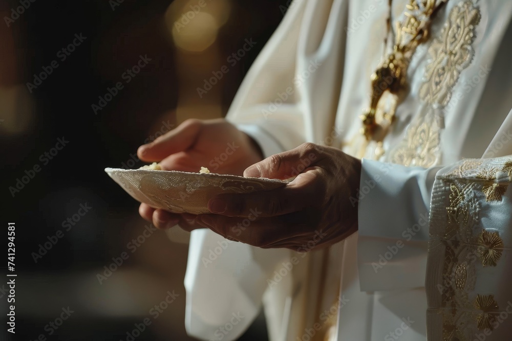 During Mass, the priest distributes the sacramental bread to the ...