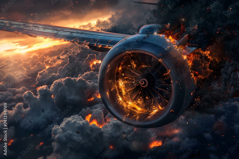 Dramatic image of plane engine on fire midflight with explosion ...