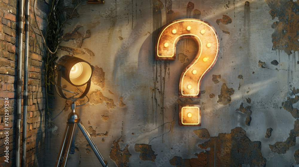 Neon sign in form of a question mark on a wall background representing ...