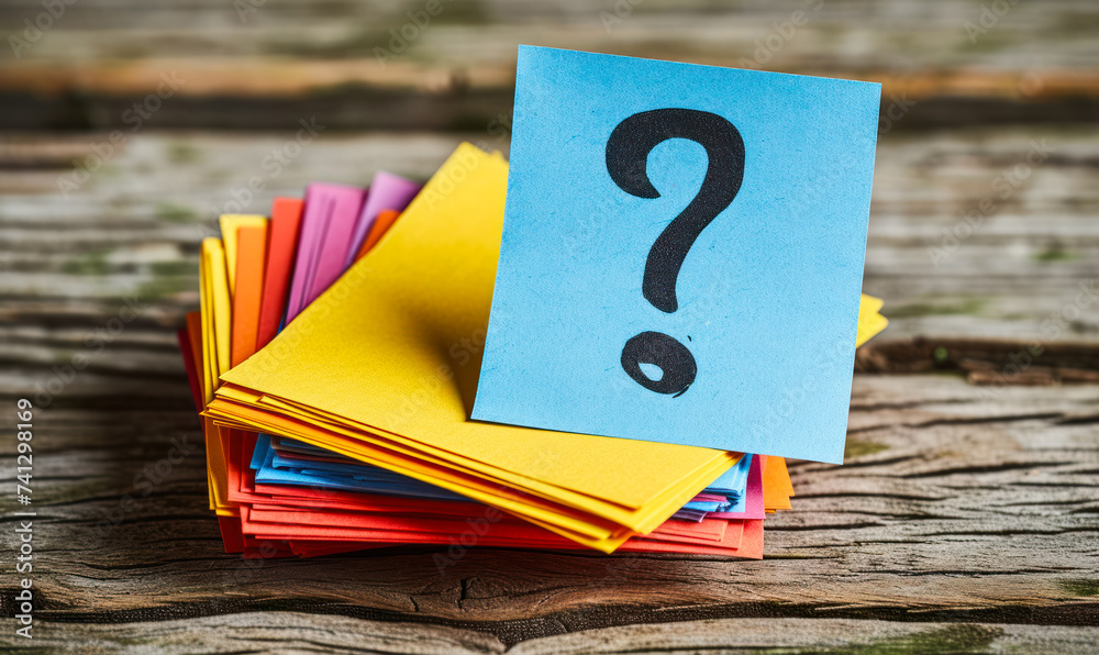 Stack of colorful sticky notes on wooden background with a prominent ...