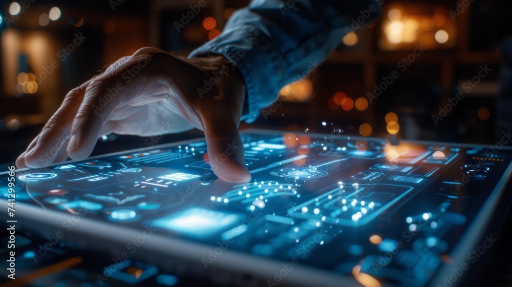 Man hand is using a futuristic latest innovative technology glass ...