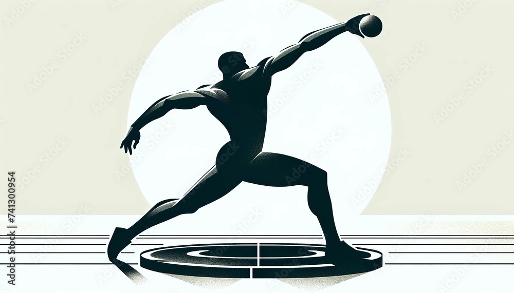 Stylized illustration of a male athlete in a shot put throwing stance ...