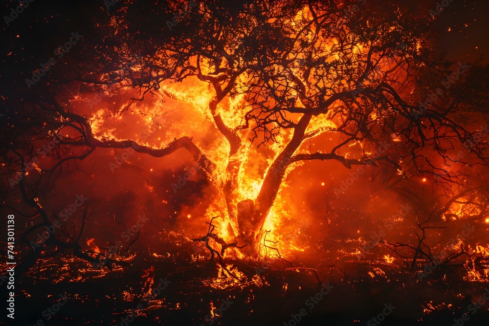 Dramatic wildfire with tree engulfed in bright flames and smoke ...