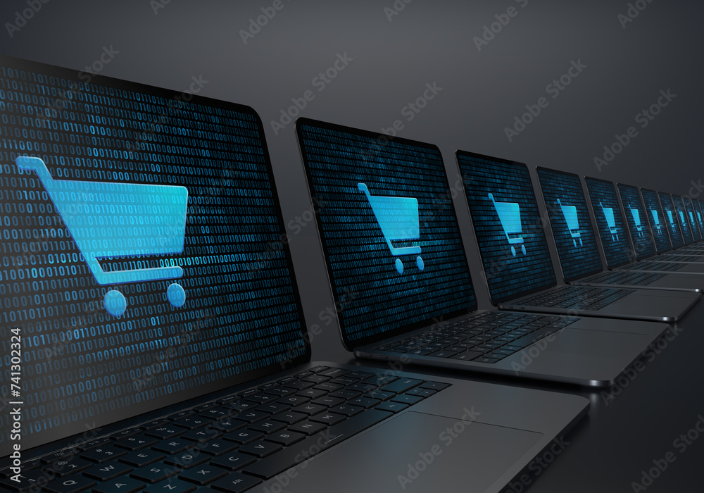 Laptop devices lined up diagonally with Shopping cart icon on their ...