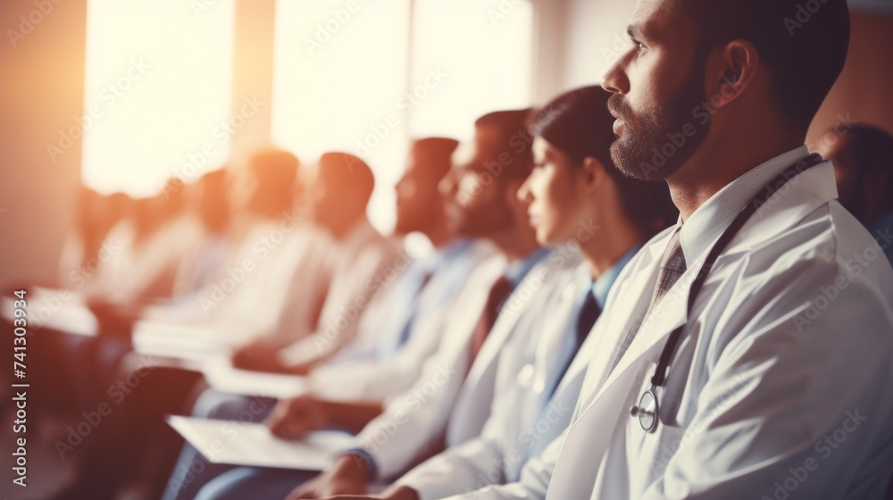 A group of young doctors, students, wearing a white lab coat, are ...