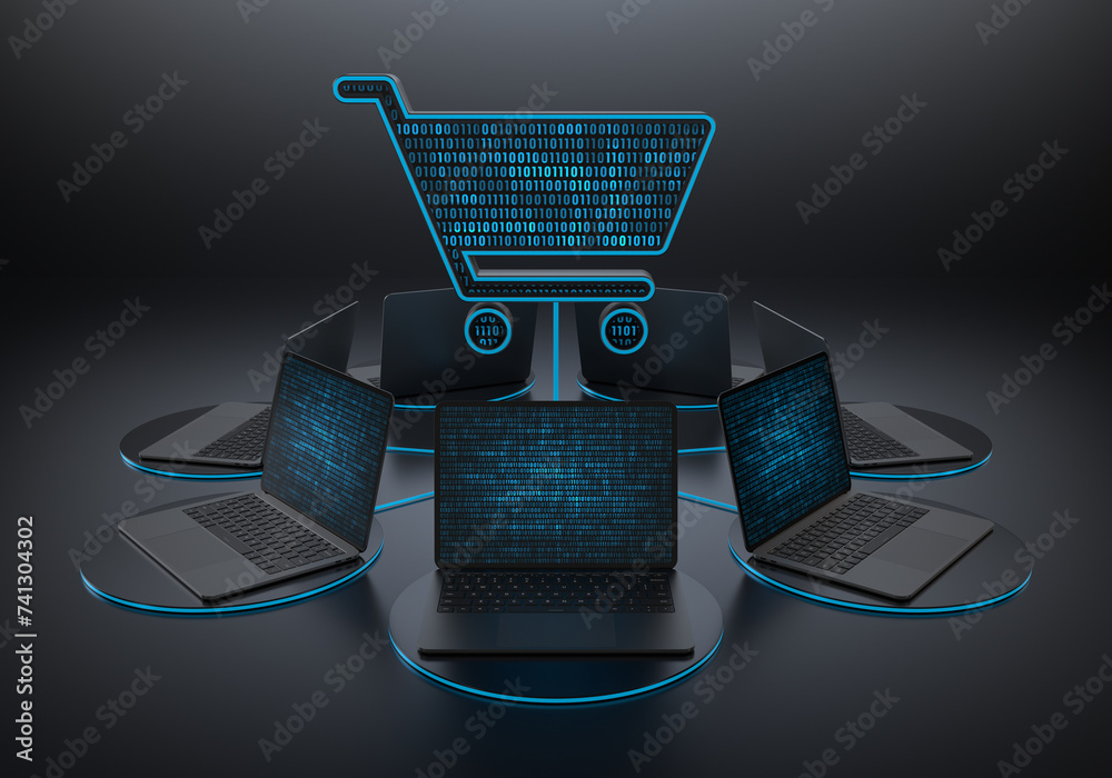 Laptop devices in circular arrangement connected to a Digital Shopping ...