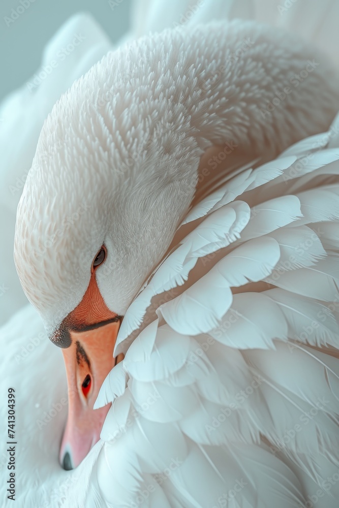 Elegant White Swan Preening Its Feathers A serene white swan captured ...