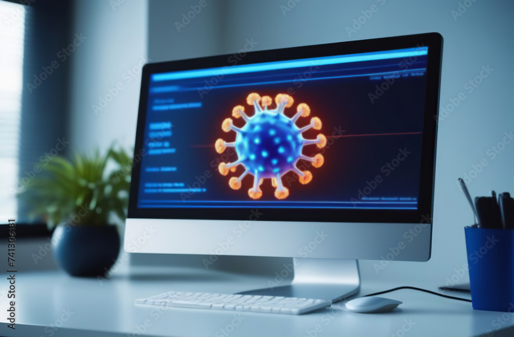 Neon coronavirus on computer screen. Close up PC monitor showing microscopic images of virus ...