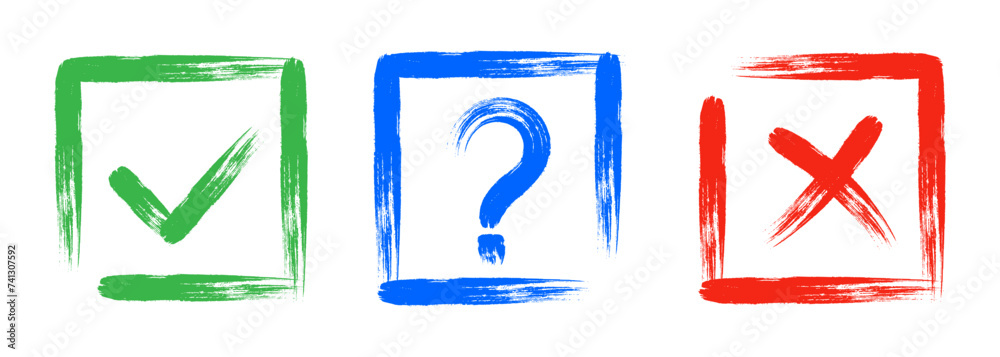 Dirty grunge cross x, tick OK and question check marks in check boxes ...