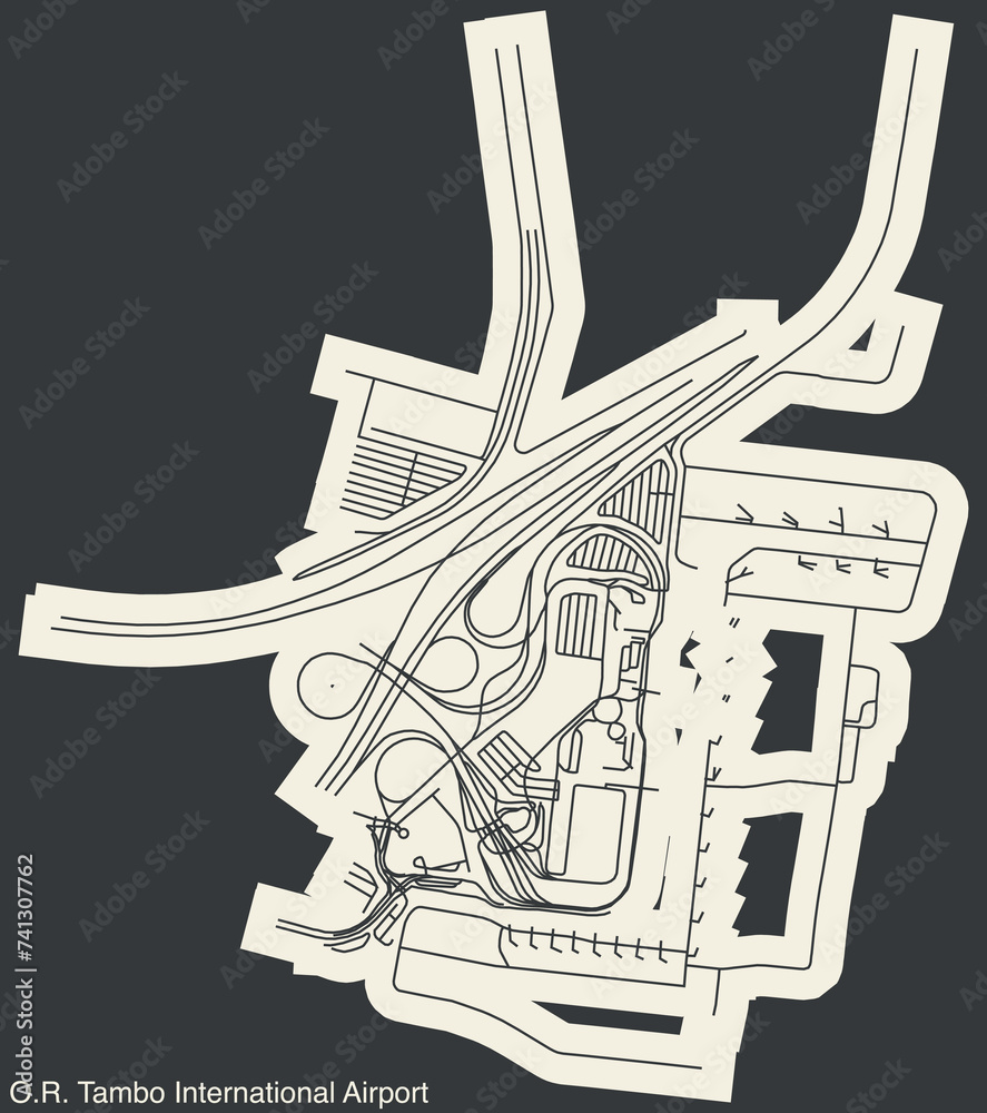 High contrasted terminals layout diagram map with airfield road lines ...