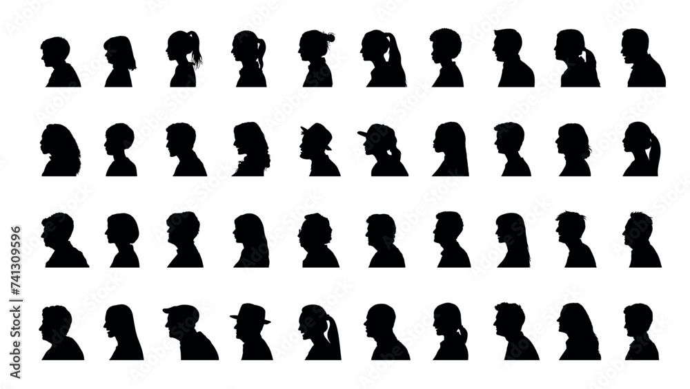 People face profile side view silhouette set collection. Human side ...