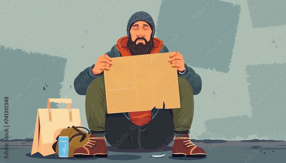 Homeless man sitting on the street holding a blank cardboard sign ...