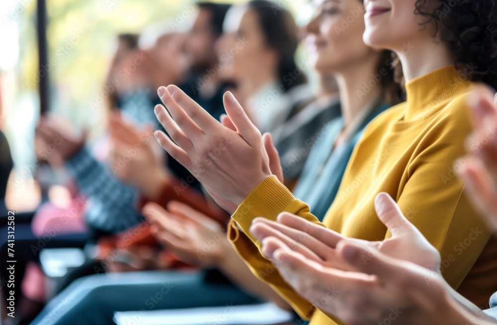 Business, people and clapping hands or applause at meeting, conference or seminar. Group ...