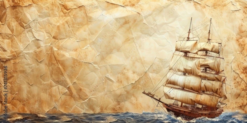 Vintage sailing ship illustration rests on aged paper, narrating ...