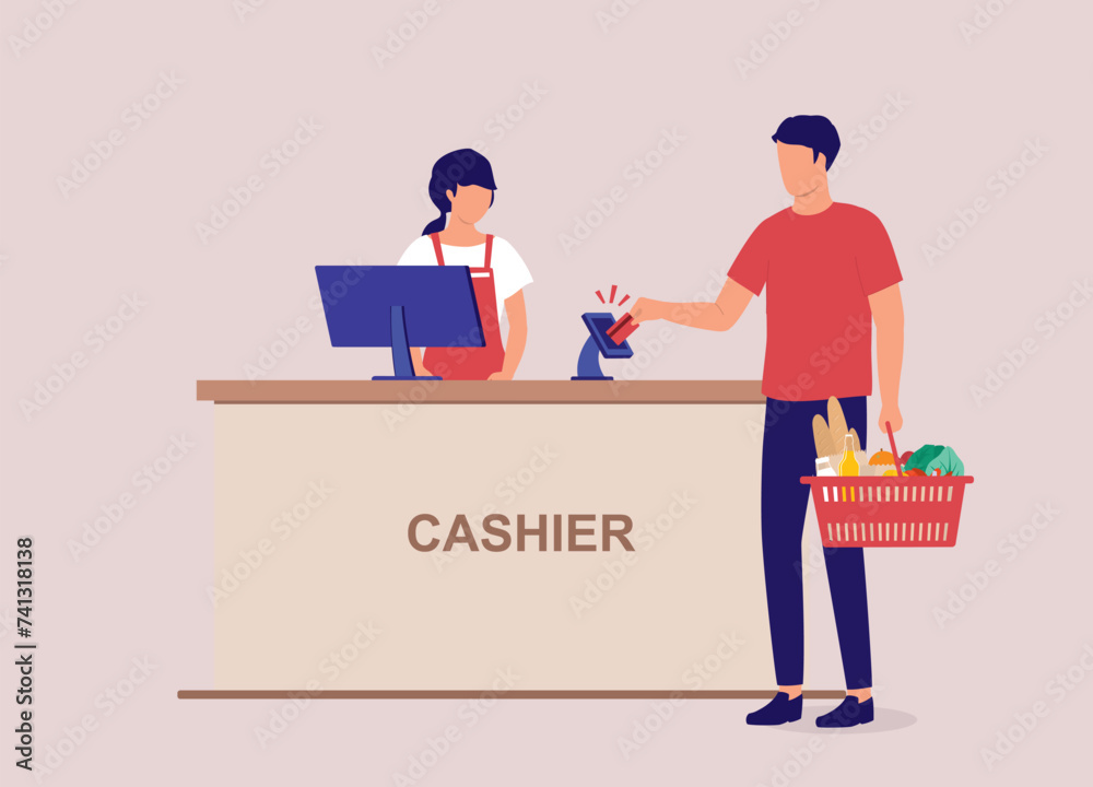 Man Customer With Groceries Paying With Credit Card. Lady Cashier With ... Man Customer With Groceries Paying With Credit Card. Lady Cashier With ...