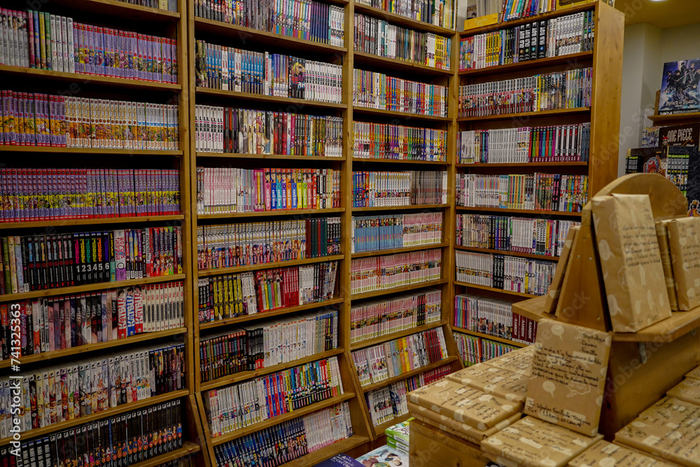 bookshelves full of mangas , animes and popular japanese comic books ...