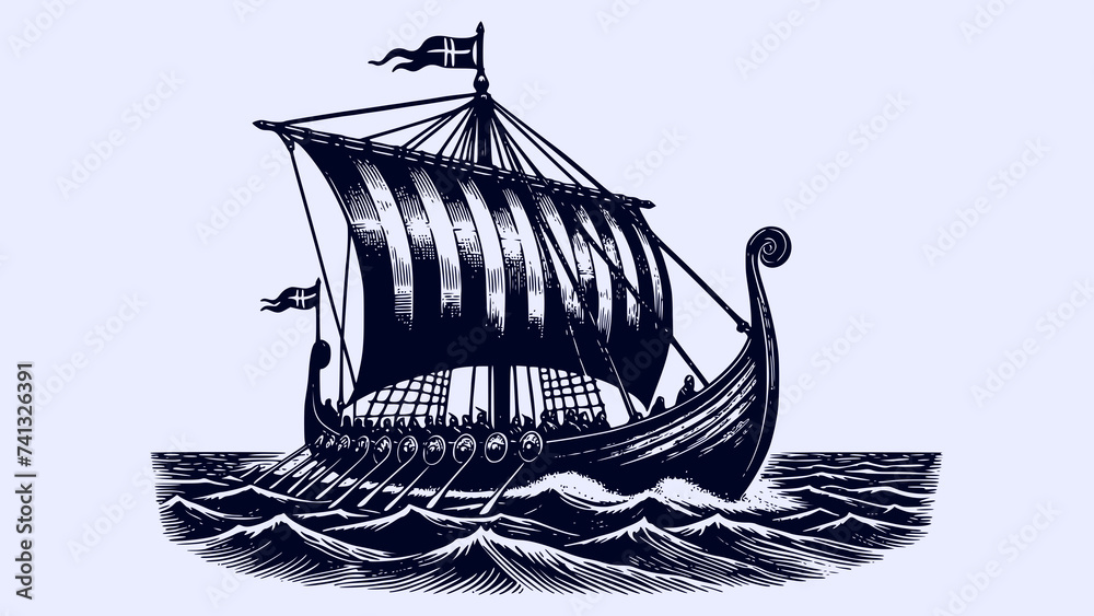 hand drawn art style Viking ship sailing on the sea battle vector ...
