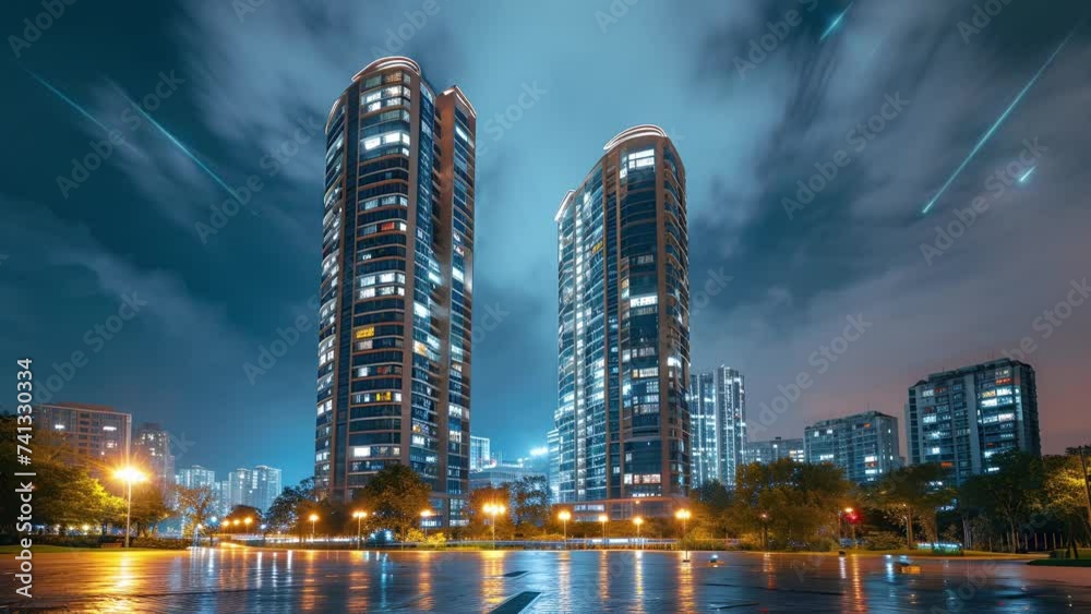 Illustration of skyscrapers with moving clouds, Two beautiful buildings ...
