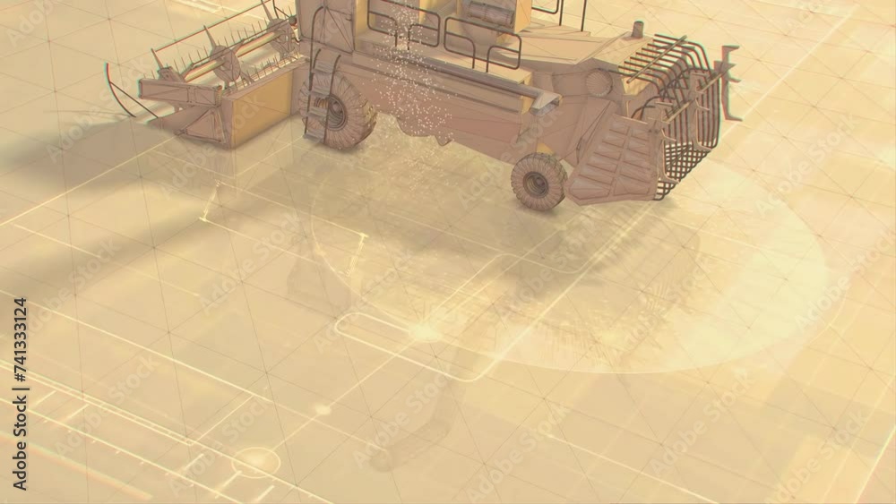 3D Rendered Holographic Animated Scene Of Combine Harvester Machine ...