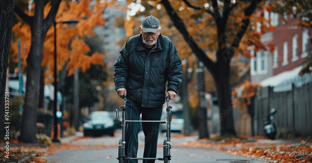 An elderly man with Parkinson's disease moves with the help of a ...
