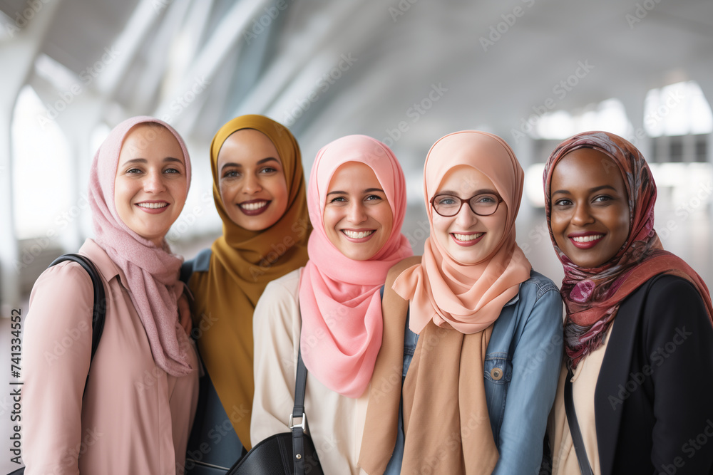 Group of Smiling Muslim Women in Stylish Hijabs, Embracing Diversity ...