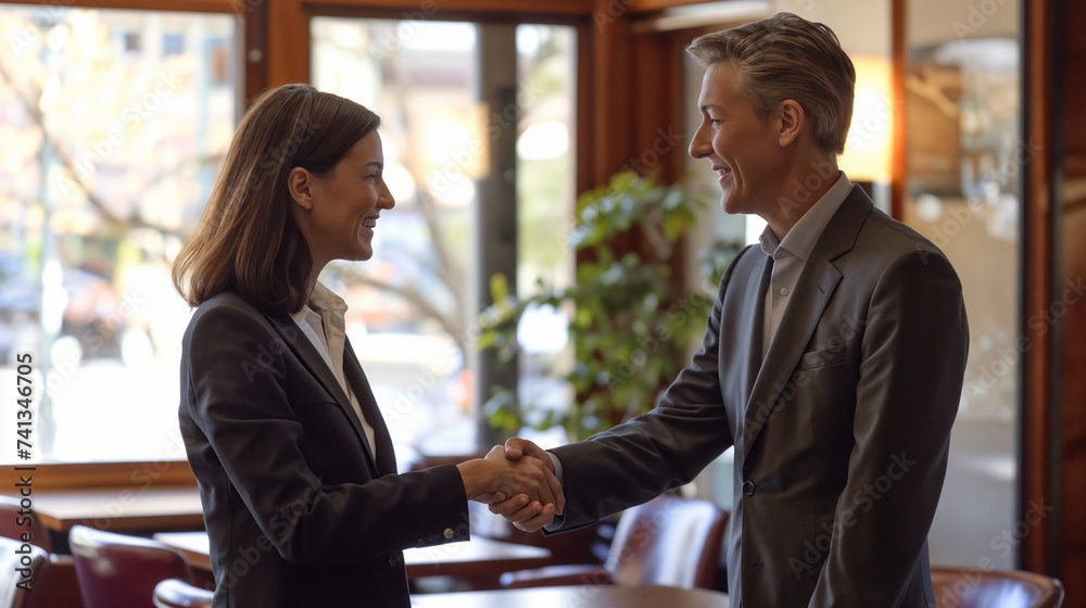 Professional Business Meeting Portraying a Handshake between Two Individuals in Suit and Blazer ...