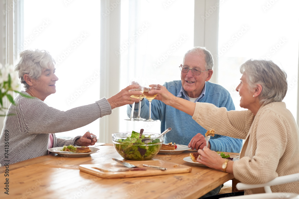 Wine, cheers and senior friends at brunch in home with smile ...