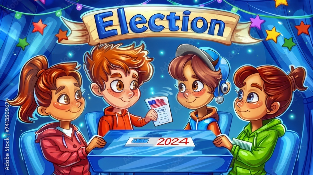 Animated school children participating in a mock election, casting ...