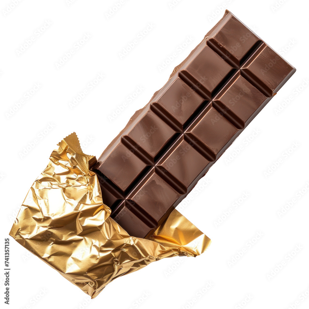 chocolate bar with a gold foil pakaging half opened on transparency ...