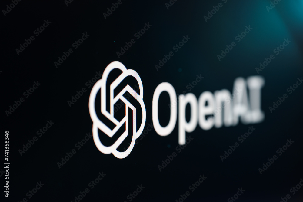 OpenAI logo on black background. OpenAI ChatGPT on PC screen Stock ...
