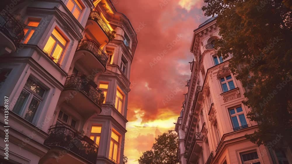 Illustration of skyscrapers with moving clouds, Buildings and weather ...