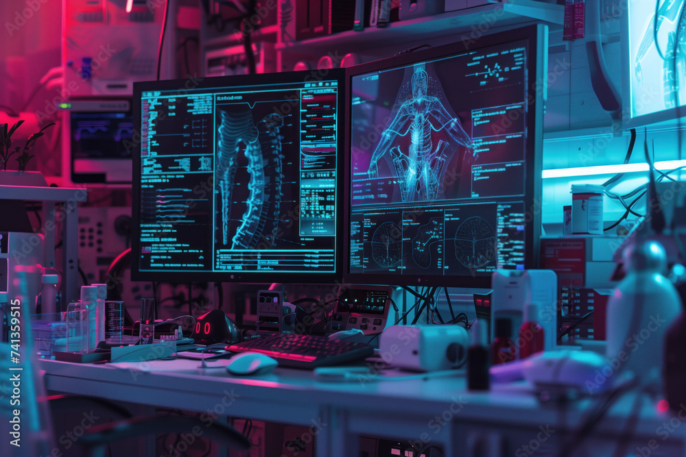 Computer in a lab. A slide background for showcasing biohacking. The ...