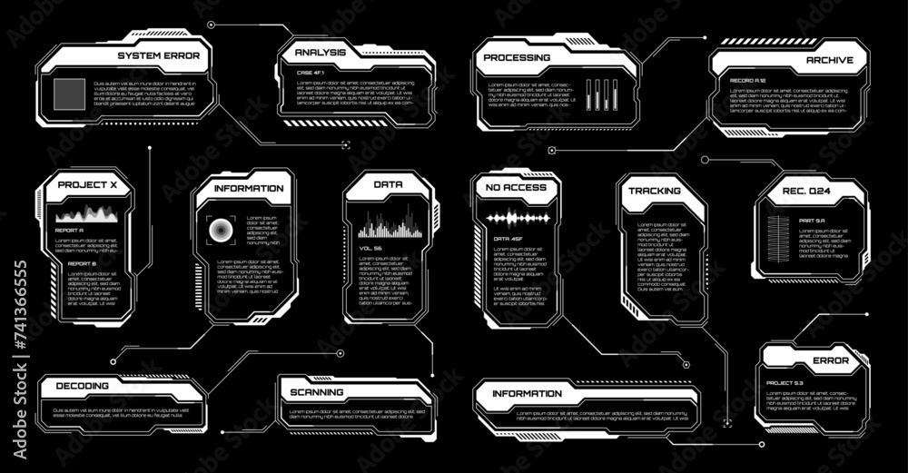 White futuristic HUD, UI elements. Sci-fi user interface text boxes ...