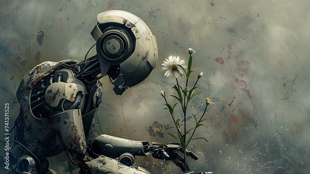 Illustration, an image of a humanoid robot planting a flower ...