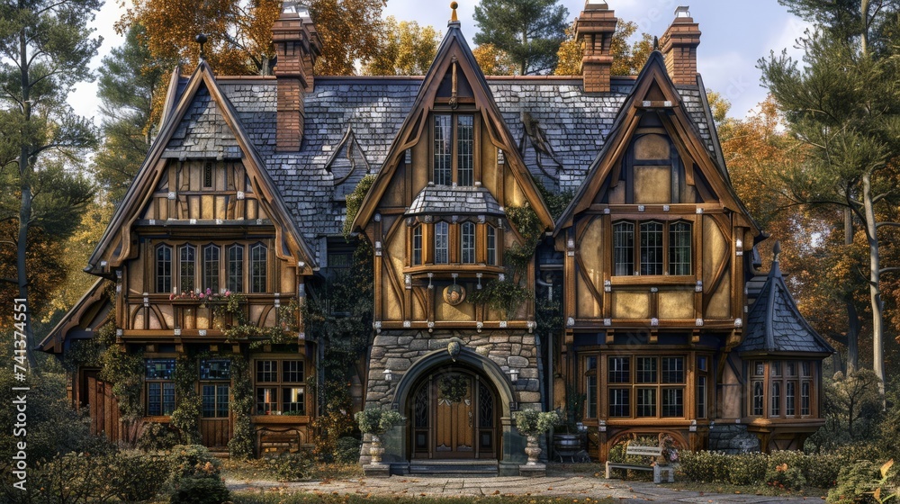 A charming timber-framed building with steeply pitched roofs, leaded ...