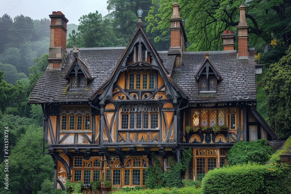A charming timber-framed building with steeply pitched roofs, leaded ...