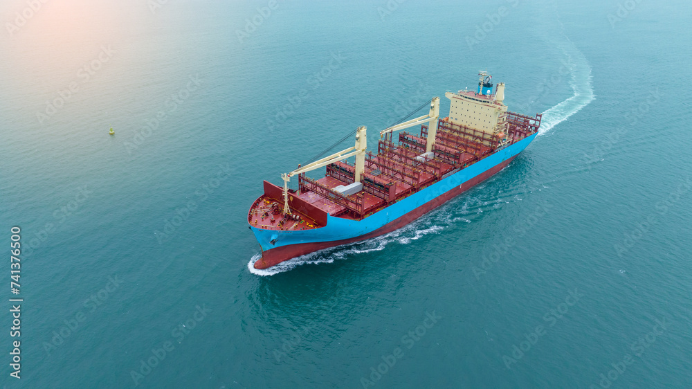 empty caro container ship in the ocean, Aerial view of empty container ...