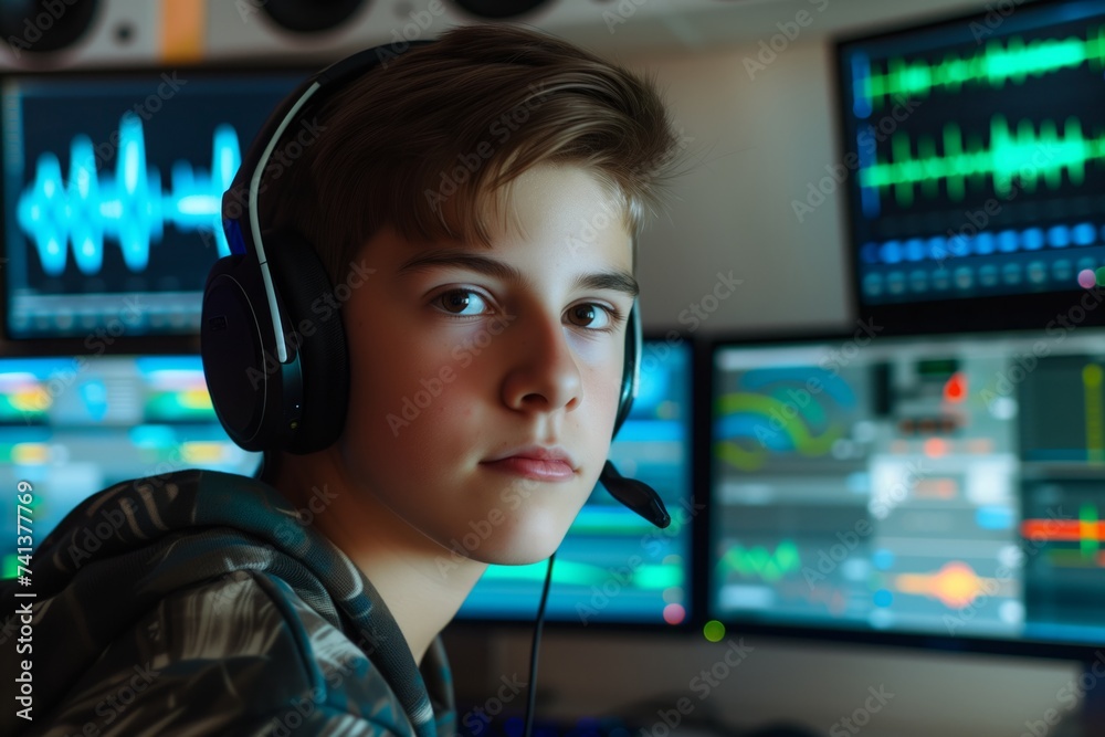 teen with wireless headphones, computer screens with waveforms behind ...