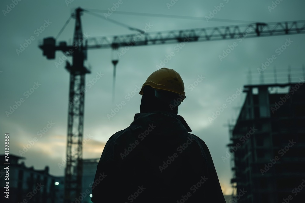 ndustrial scene captured at dusk, featuring a worker and a crane ...