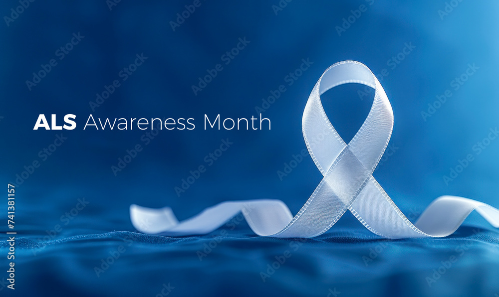 ALS Awareness Month concept with a white ribbon symbol on a blue ...