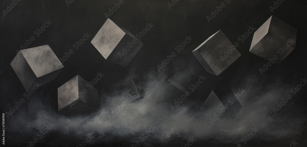 Floating geometric shapes in a void of matte charcoal, creating a sense ...