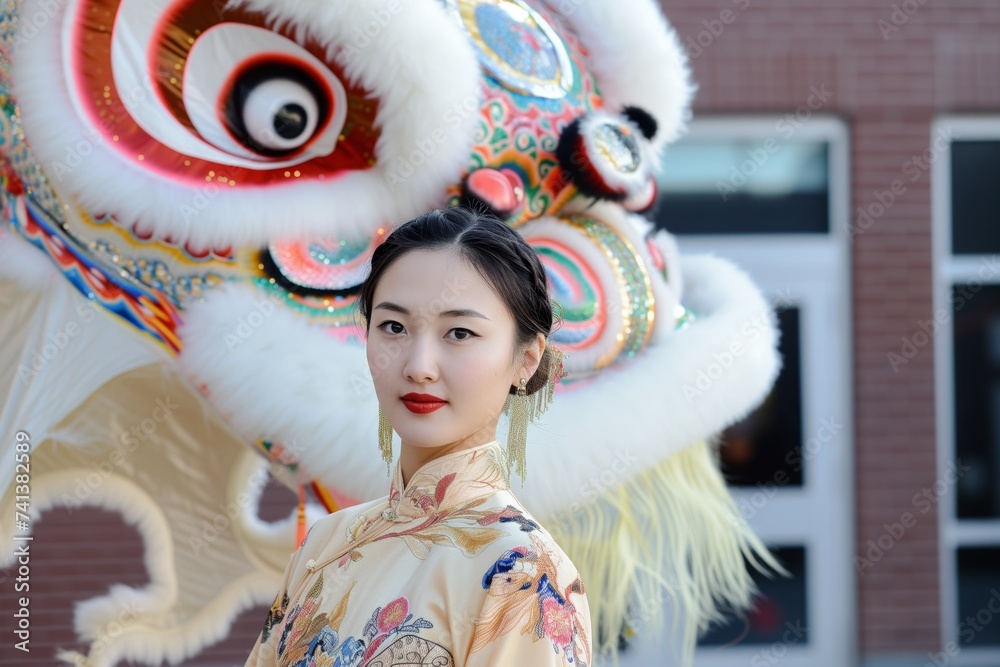 chinese woman in a qipao with a dragon dance prop at new year Stock ...
