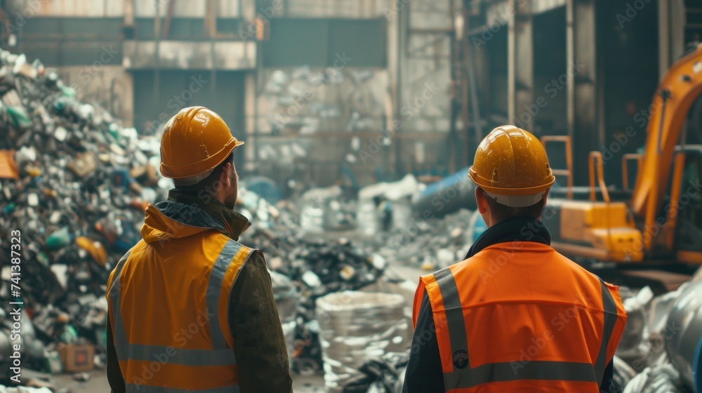 Construction workers at a recycle site wearing helmets, ensuring safety ...
