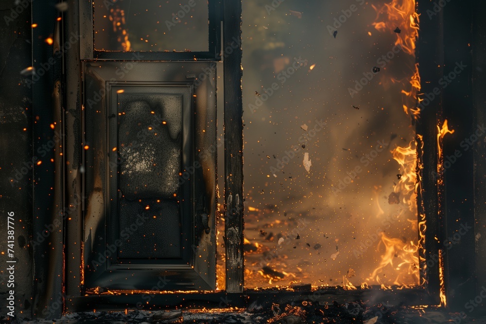 scorched door frame with the door burning and disintegrating Stock ...