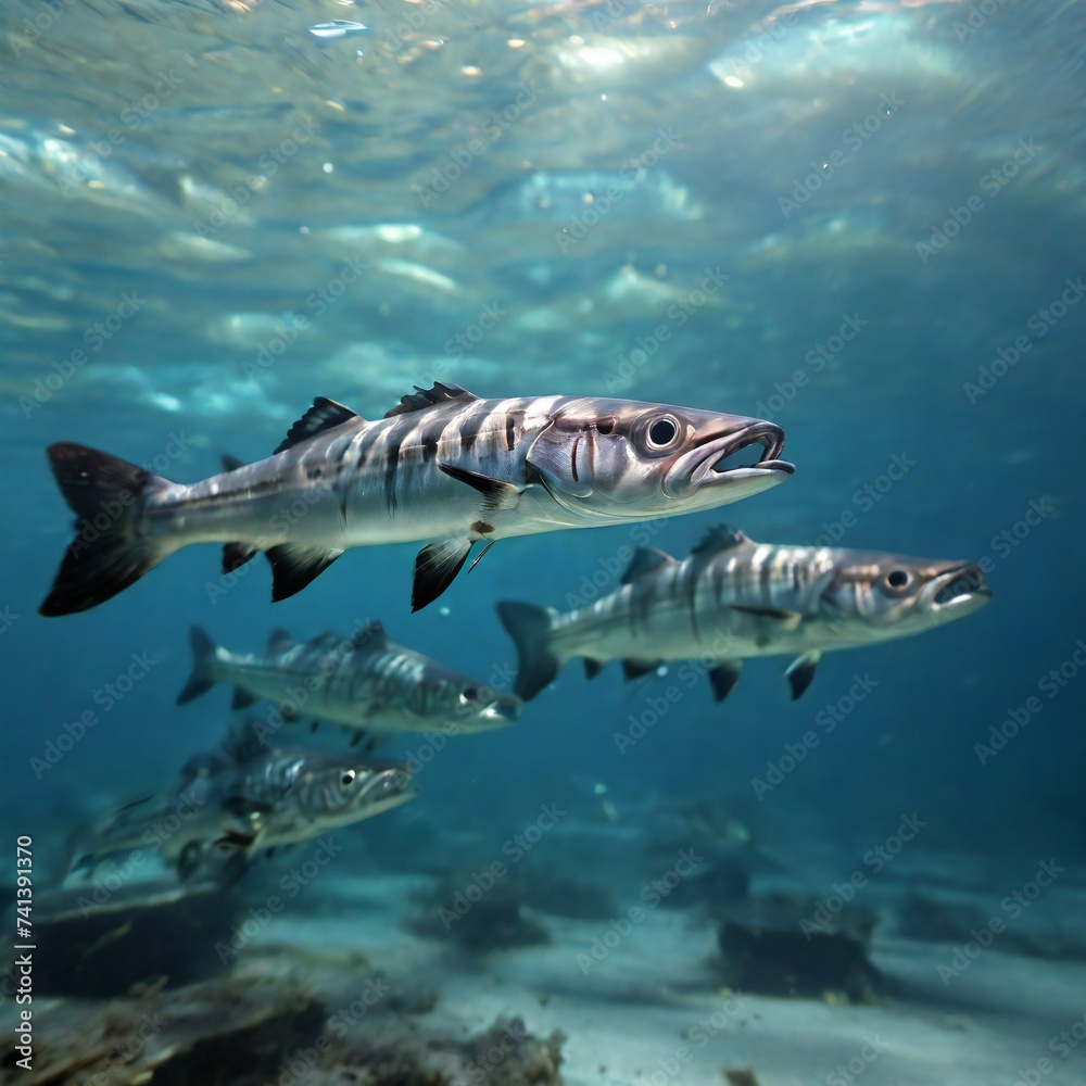 underwater view with a group of barracuda fish. background for poster ...