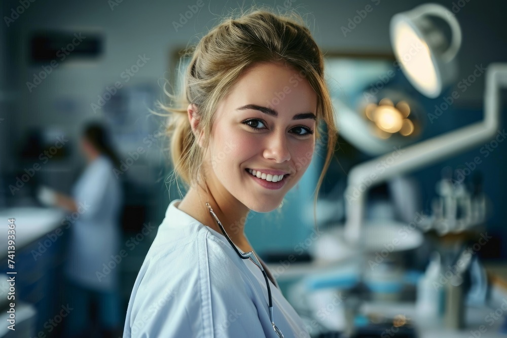 Portrait of a proud female dental hygienist student in college, smiling confidently as she ...