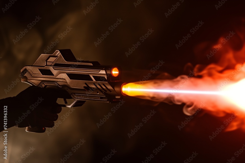 a laser tag gun being fired with the laser beam visible in low light ...