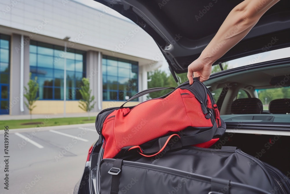 person placing a sports bag into a car trunk outside a sports complex ...